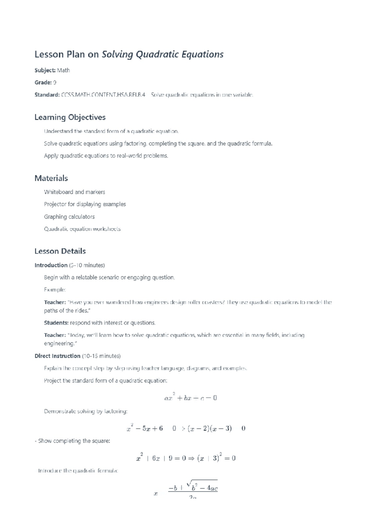 Lesson Plan: Solving Quadratic Equations (Math 9) - Studocu
