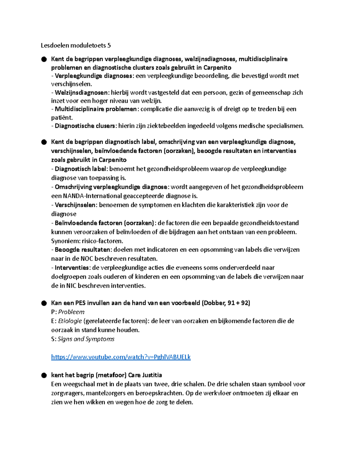 Lesdoelen Moduletoets 5: Diagnoses, Zorgprocessen en Communicatie ...