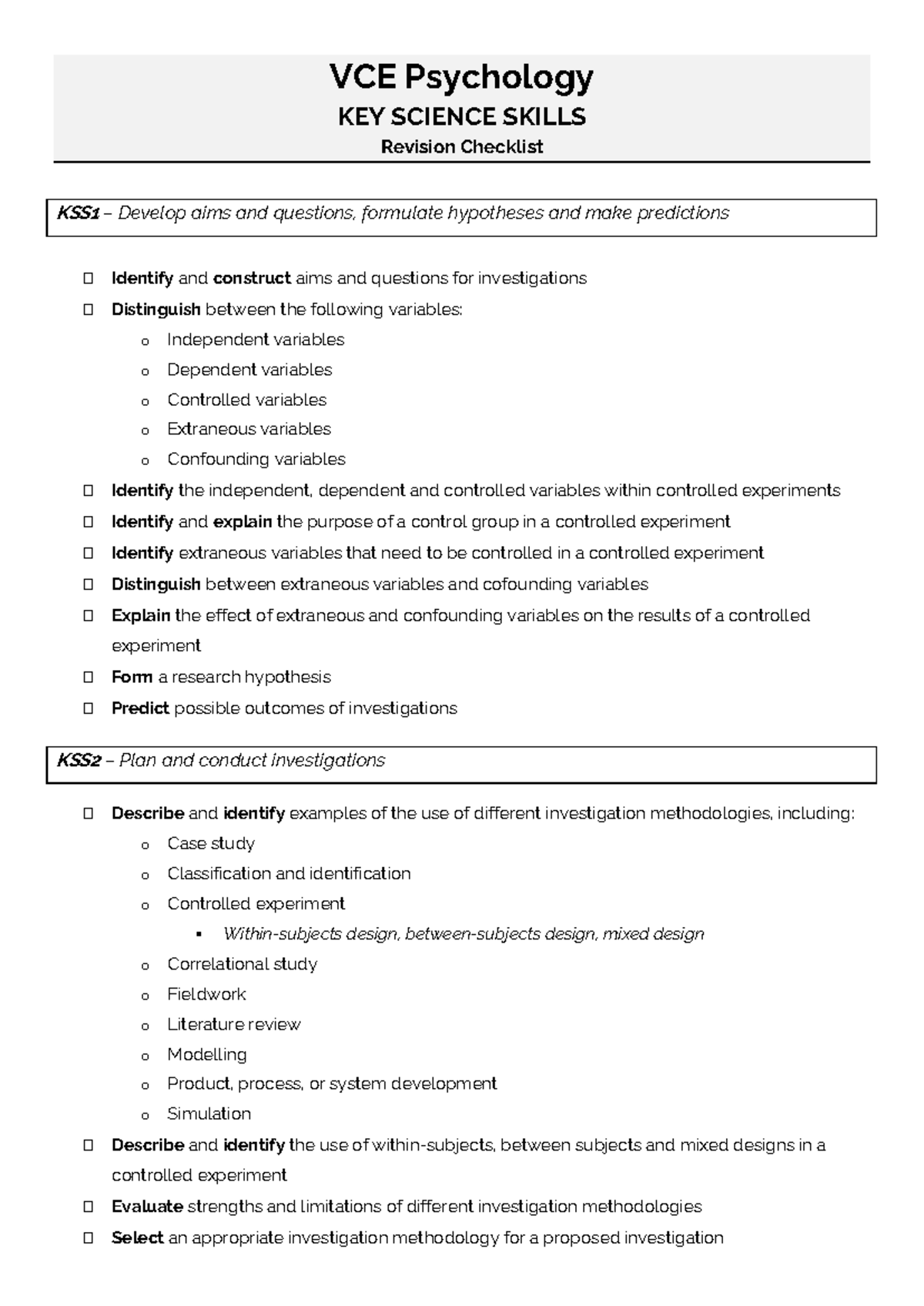 VCE Psychology Research Methods Revision Checklist (KSS1-KSS7) - Studocu
