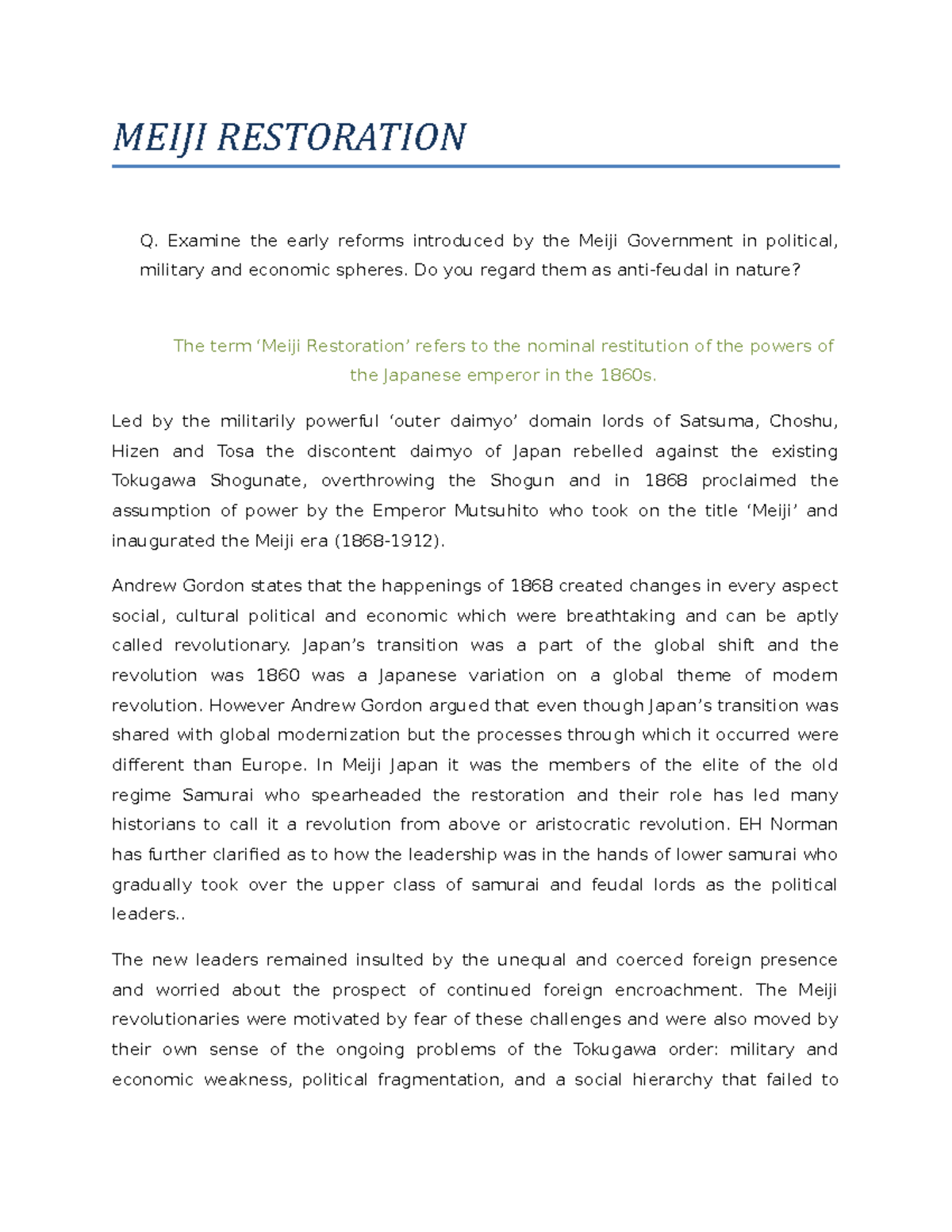 MEIJI RESTORATION - Examine the early reforms introduced by the Meiji ...