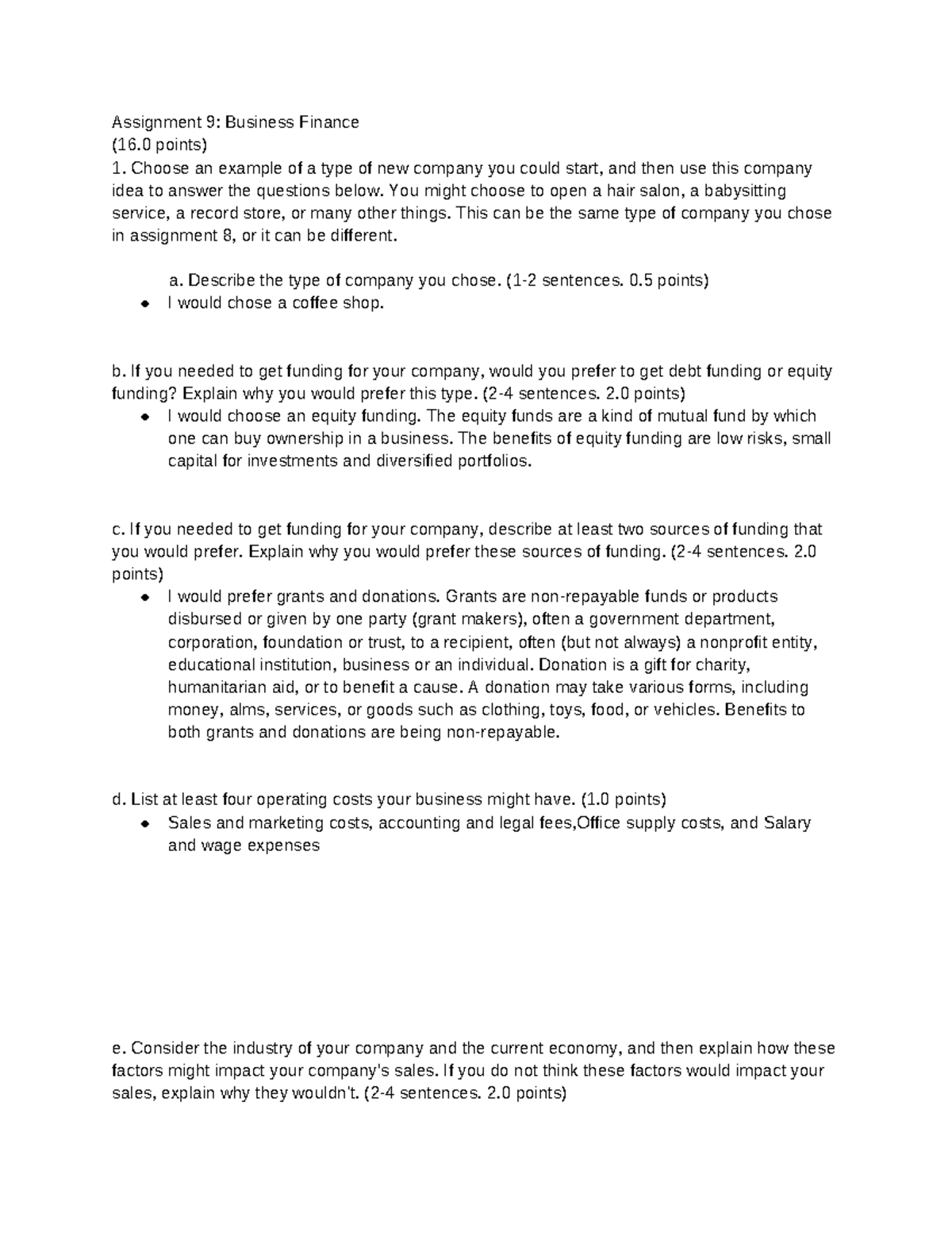 Assignment 9: Business Finance - Funding & Costs Analysis - Studocu