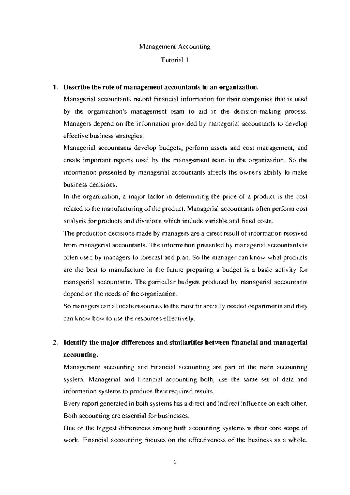Management Accounting-Tutorial 01 (Basic Questions and answers ...