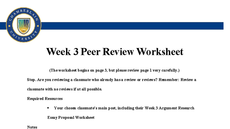 ENGL148 Week 3 Peer Review Worksheet and Guidelines - Studocu