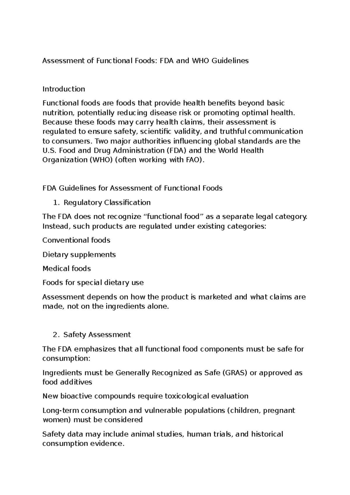 Assessment of Functional Foods: FDA & WHO Guidelines Overview - Studocu