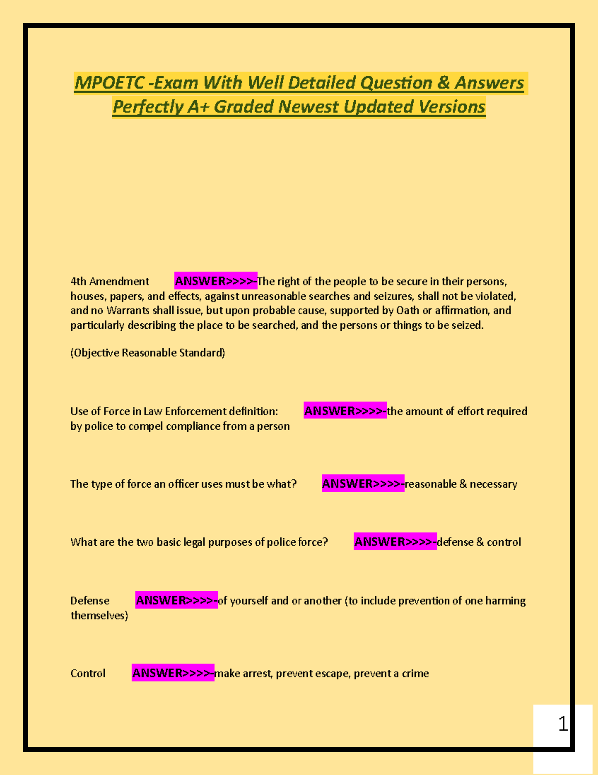 MPOETC - Exam Q&A on Use of Force & 4th Amendment Rights - Studocu