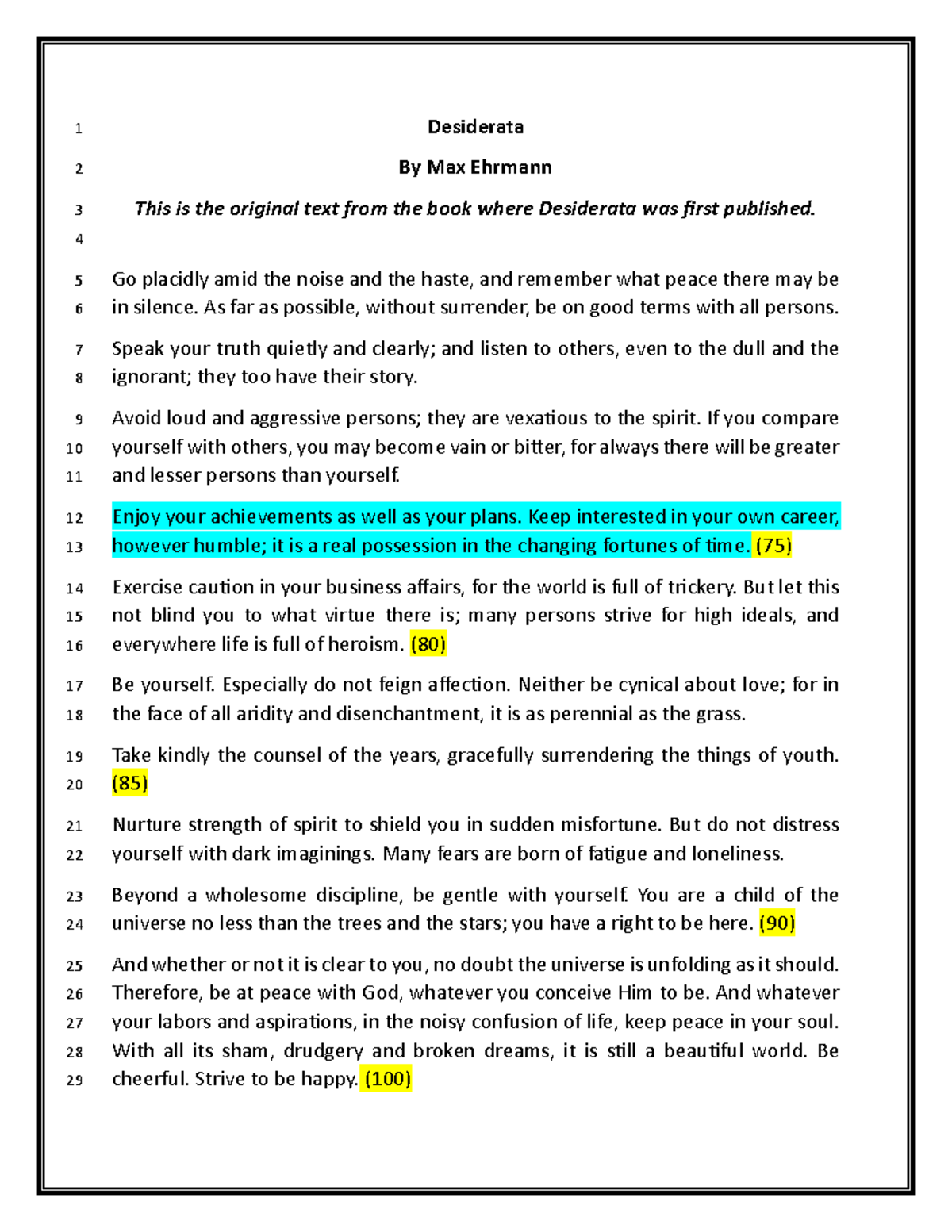 Desiderata: Original Text by Max Ehrmann - Analysis & Reflection - Studocu
