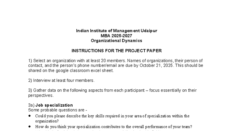 IIM Udaipur MBA OD Project Paper Instructions and Guidelines - Studocu