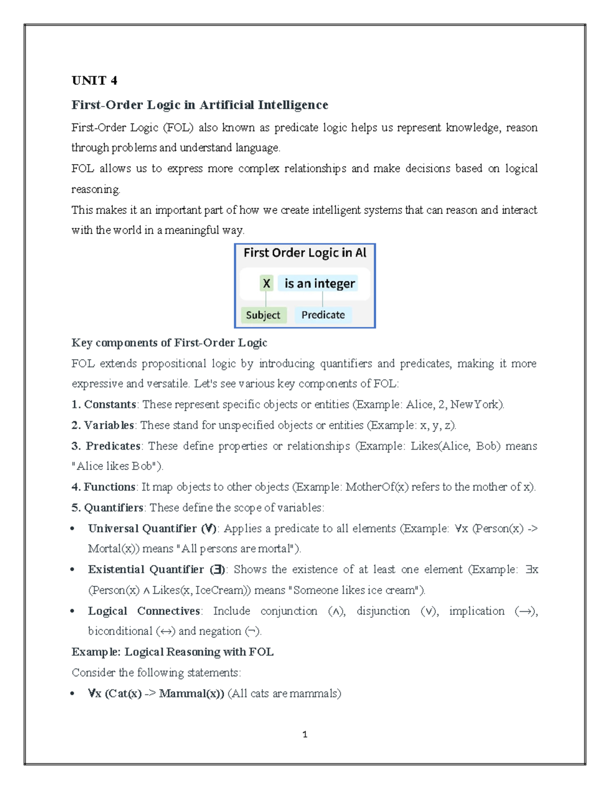 UNIT 4 - Logic in AI: Understanding FOL and Inference Rules - Studocu