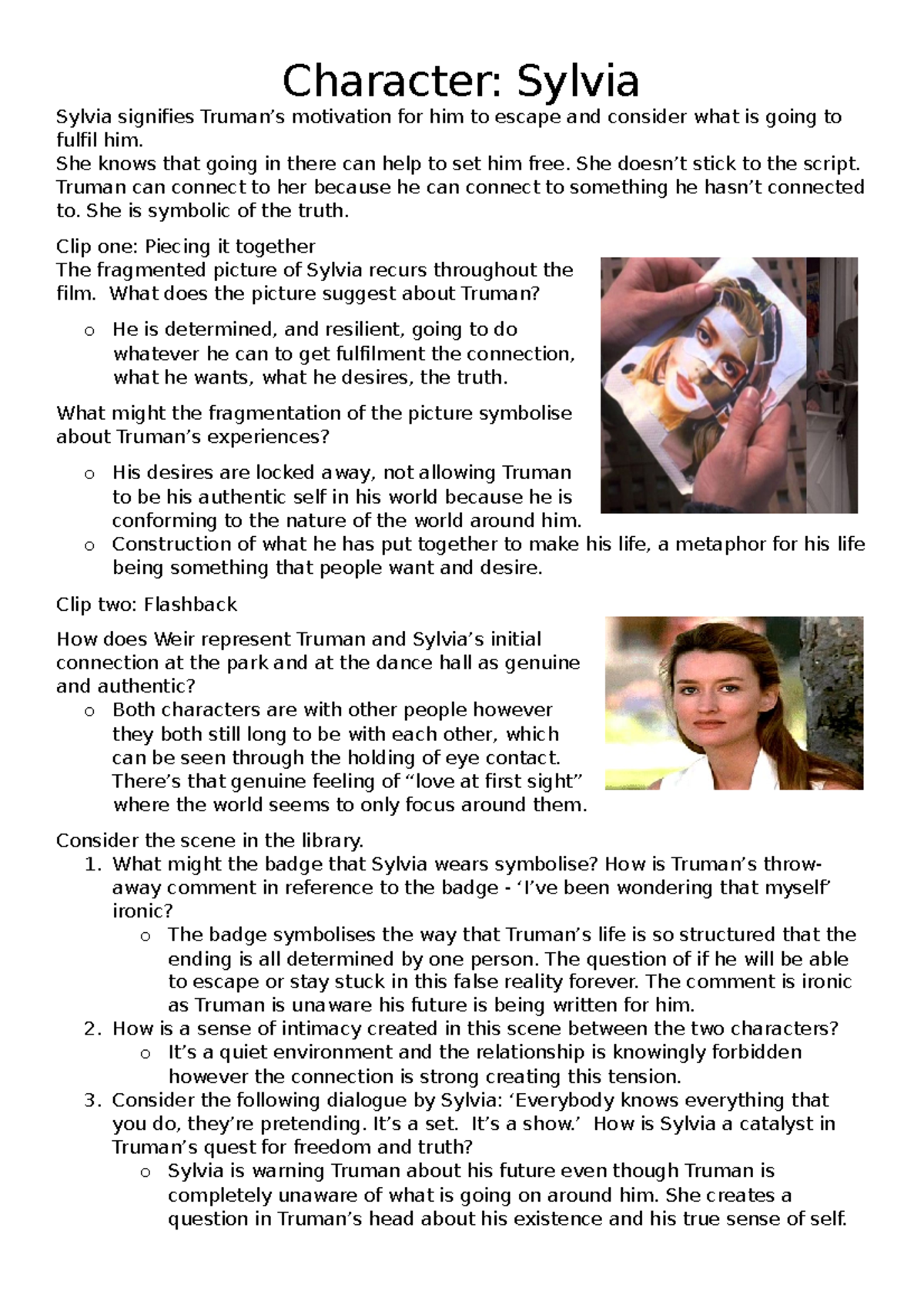 Year 12 English - Module B The Truman Show: Sylvia's Character Analysis ...