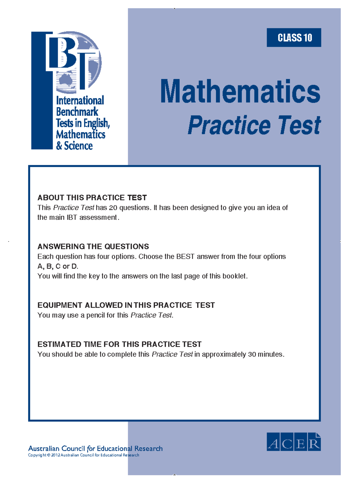 IBT Practice Test Grade 10 Maths - International Benchmark Tests in ...