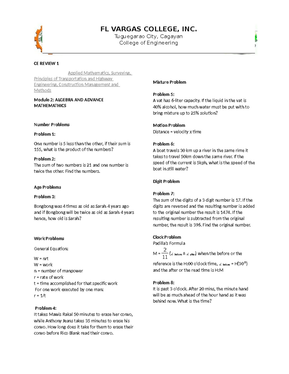 CE REVIEW 1: Module 2 - Algebra & Advanced Mathematics Problems - Studocu