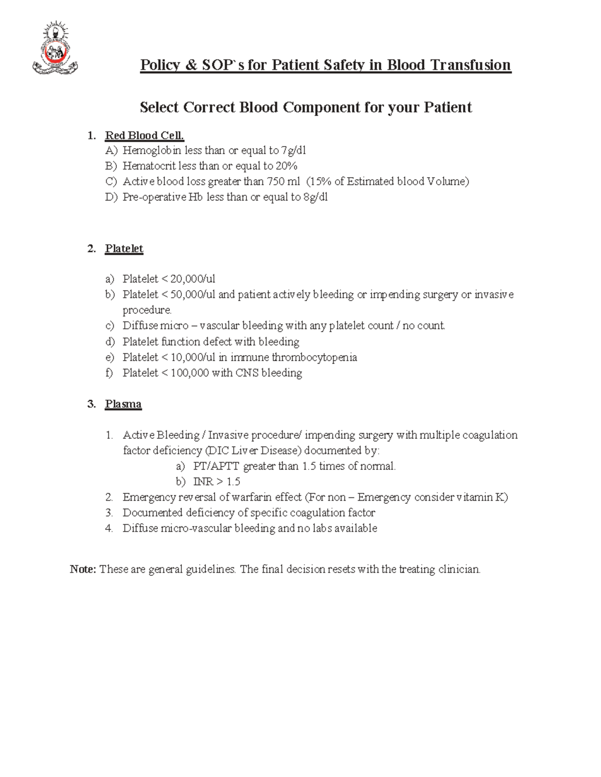 Policy & SOPs for Patient Safety in Blood Transfusion (LUH 004) - Studocu