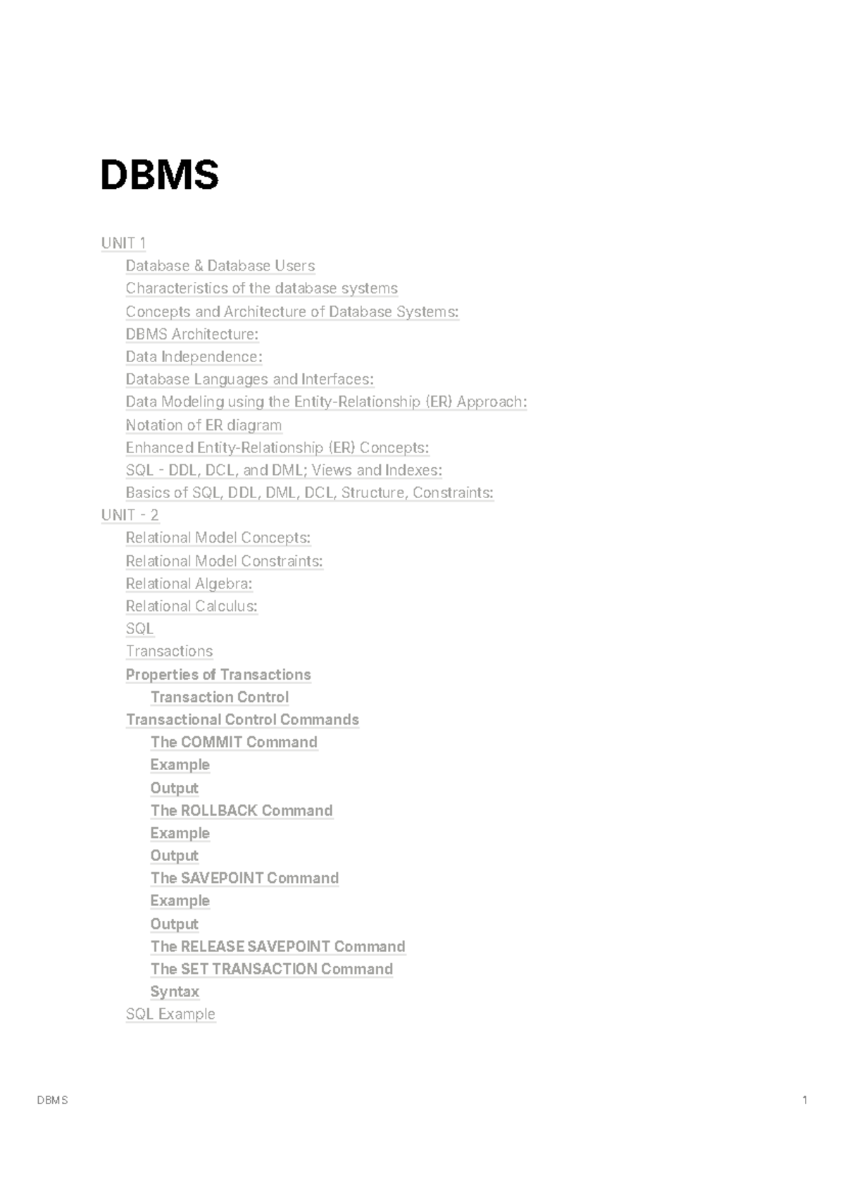 DBMS 1: Comprehensive Notes on Database Concepts and Architecture - Studocu