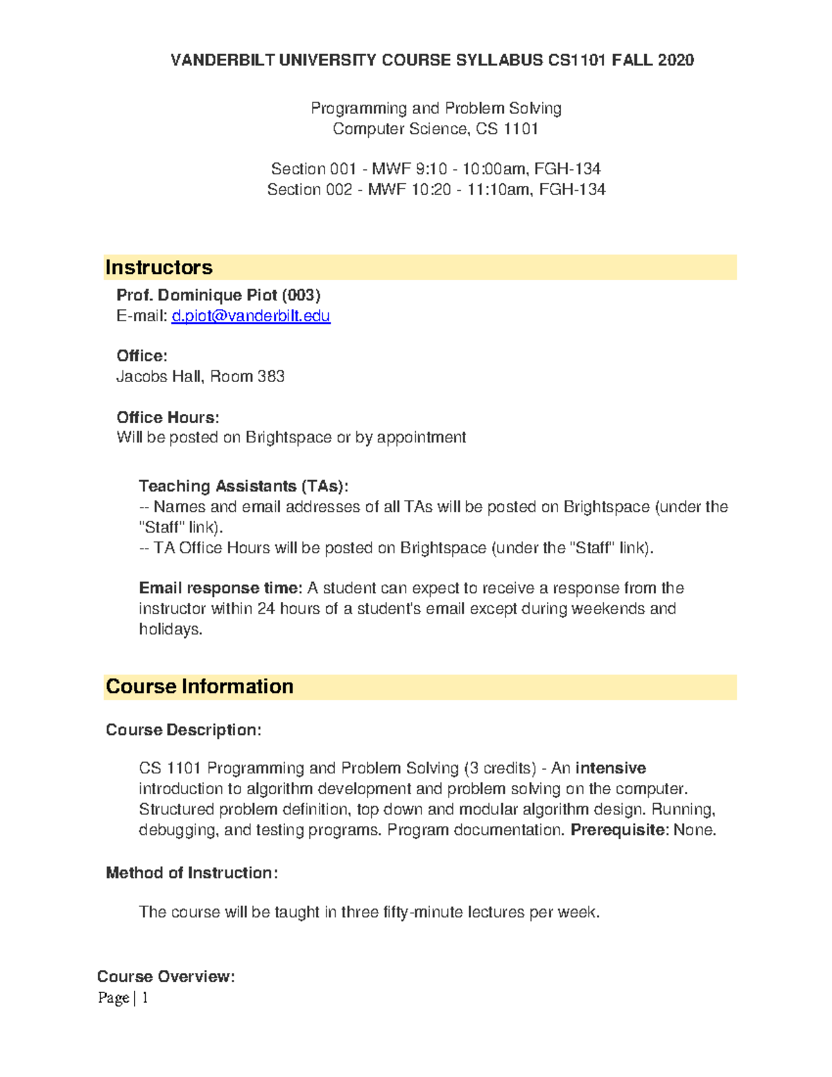 CS1101 Course Syllabus - Programming and Problem Solving Computer ...