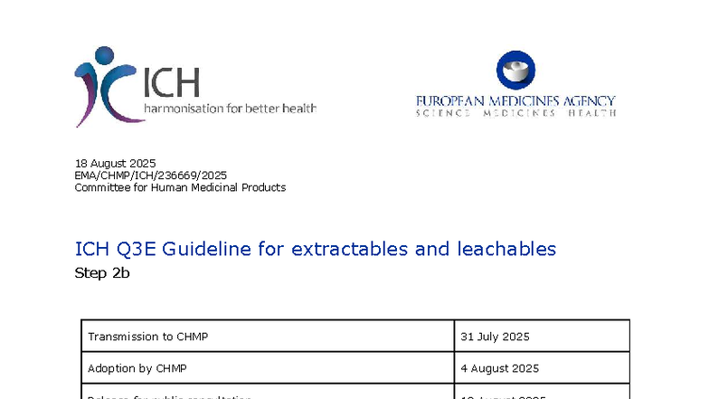 ICH Q3E Guideline for Extractables and Leachables: Public Consultation ...