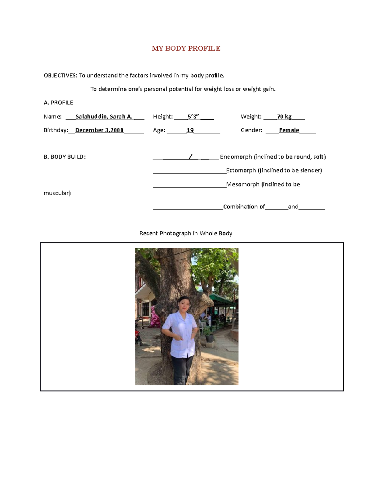 Body Profile Activity on Nutrition and Diet Therapy - MY BODY PROFILE ...