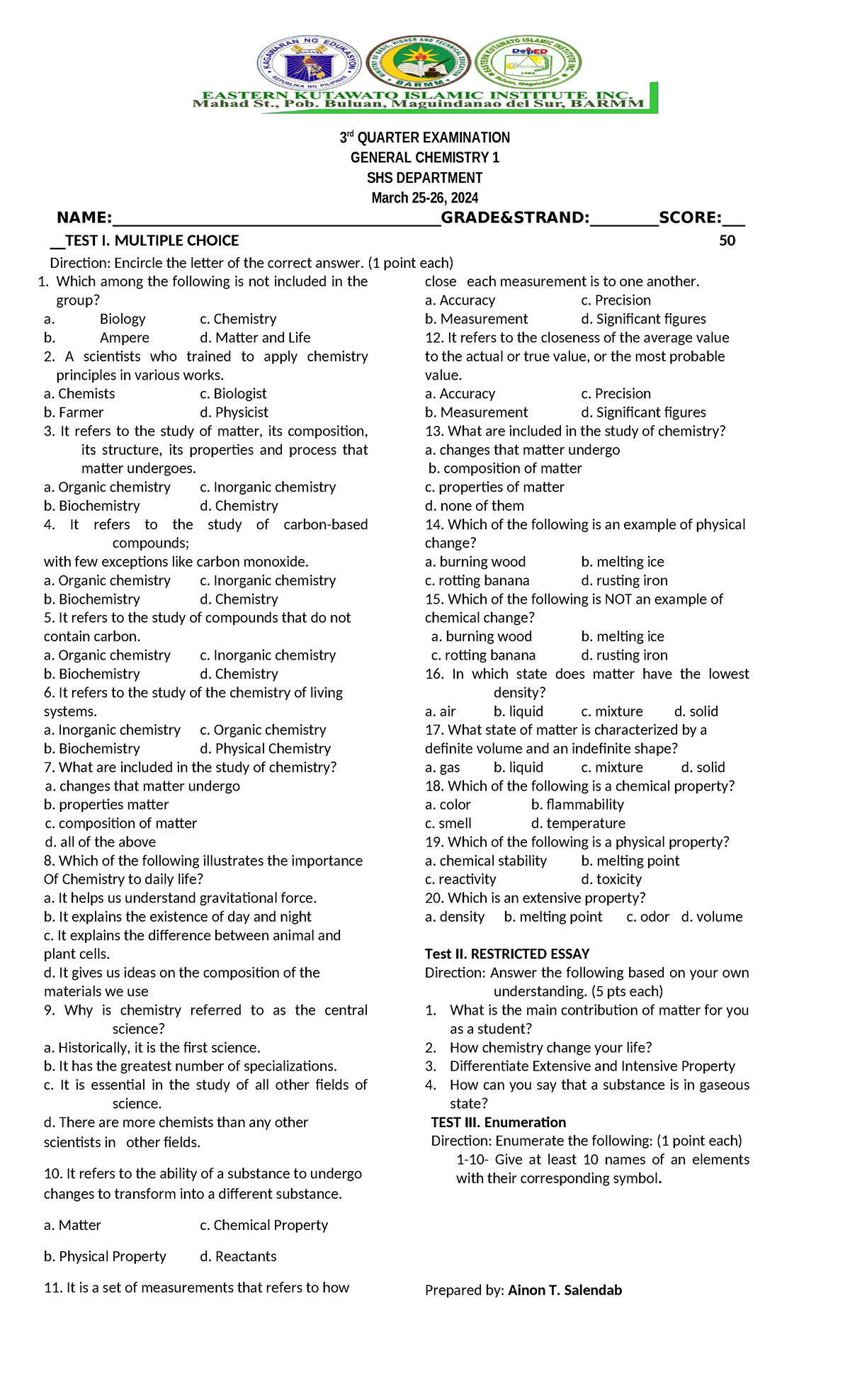 3RD Quarter General Chemistry 1 Exam Review (Mar 2024) - Studocu