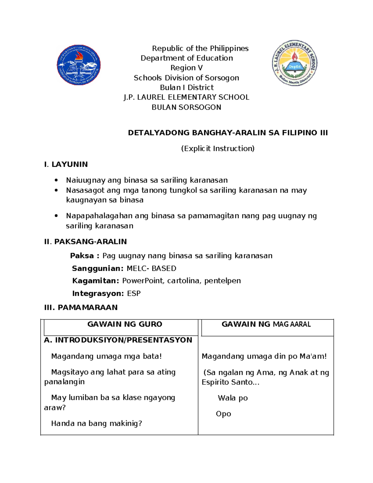 Filipino 3: Pag-uugnay ng Binasa sa Sariling Karanasan (Lesson Plan ...