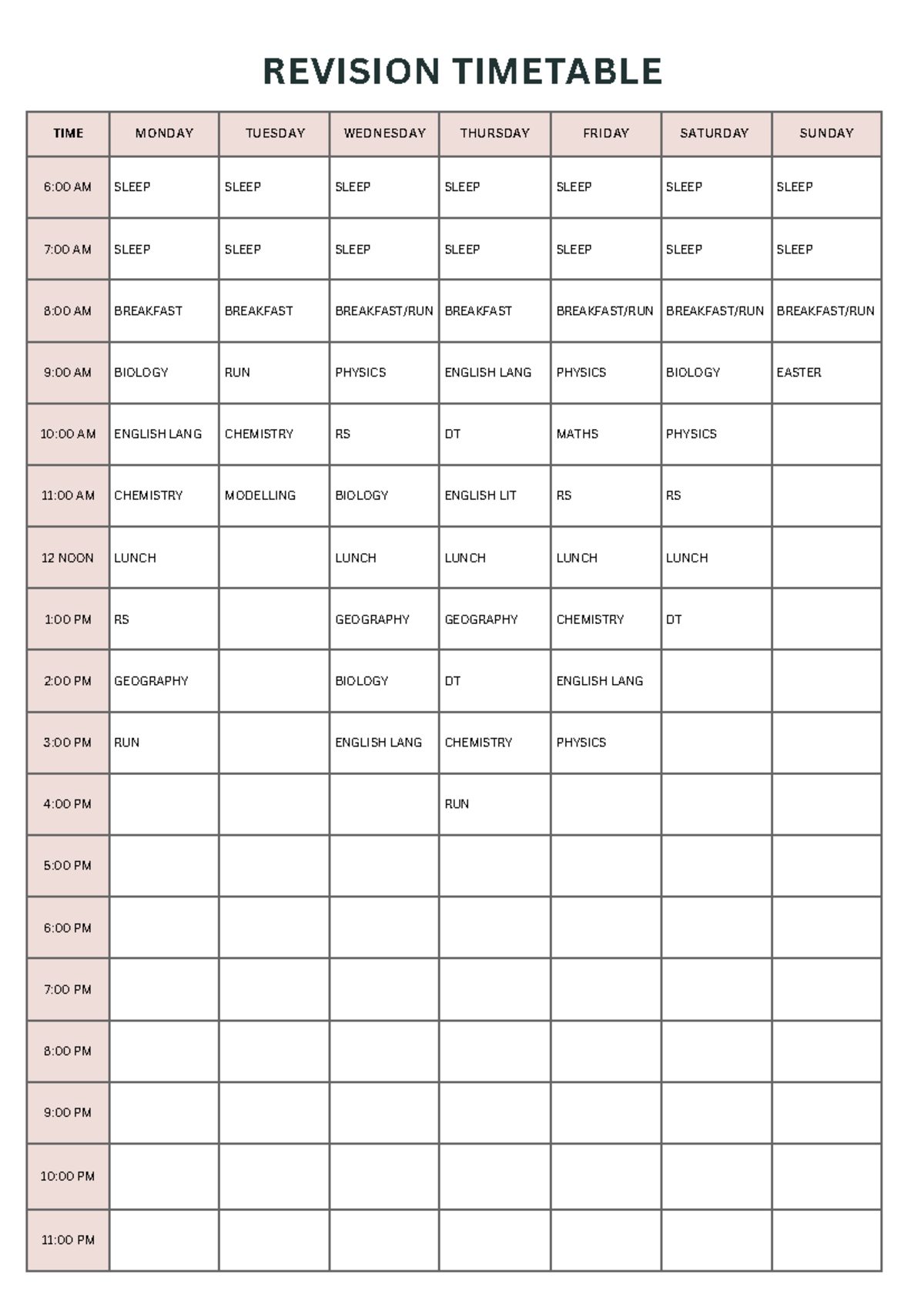 Revision Timetable for Weekly Study Schedule - Studocu