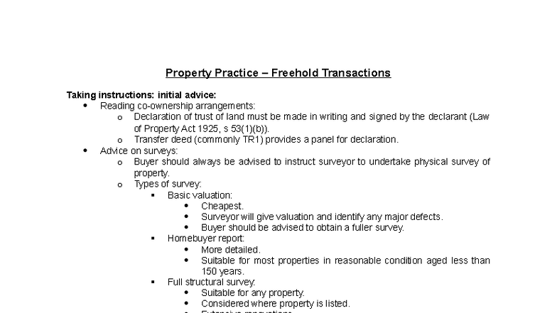 Property Practice: Freehold Transactions Overview and Advice - Studocu