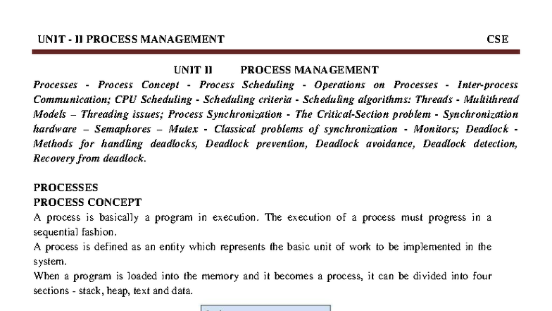 CS3451 - Unit II: Process Management in Operating Systems - Studocu
