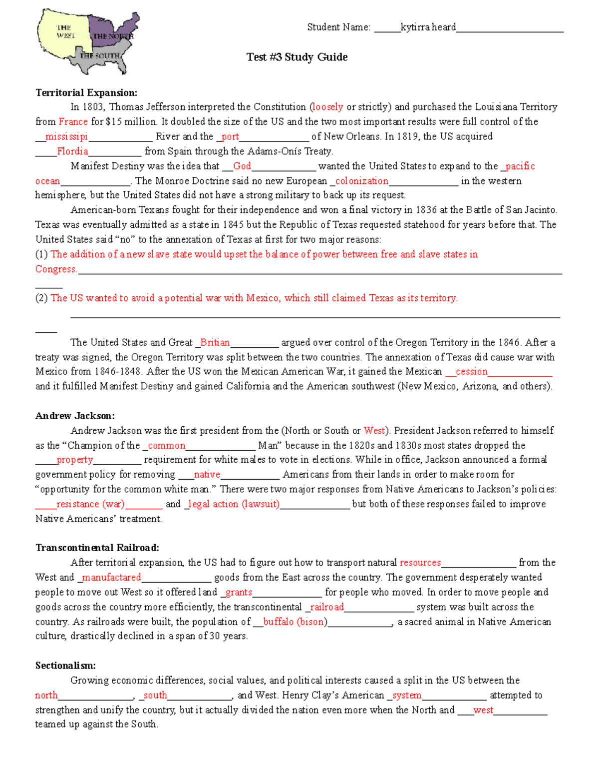 Test #3 Study Guide: Territorial Expansion and Sectionalism - Studocu