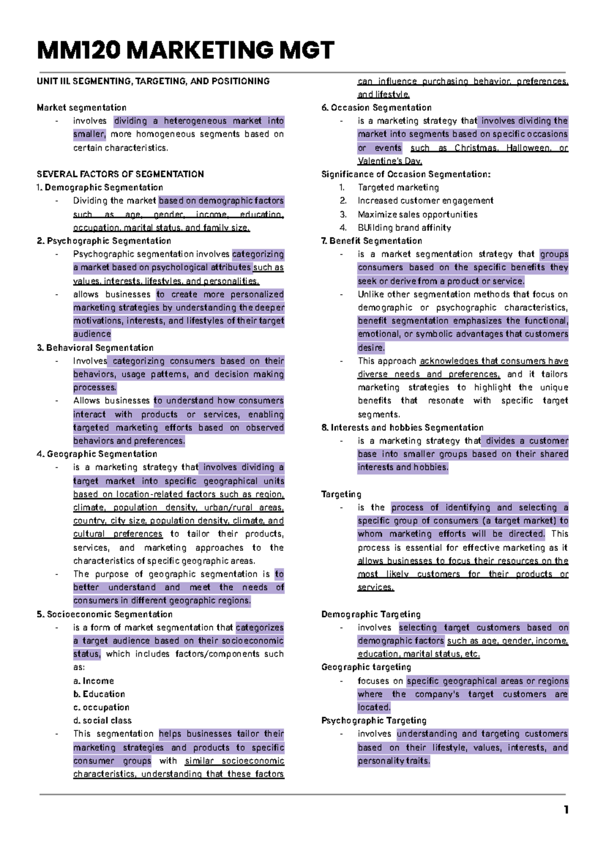 MM120 Marketing Mgt: Notes on Segmentation & Targeting Strategies - Studocu