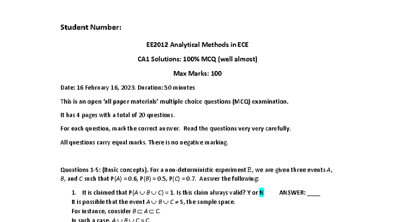 EE2012 Analytical Methods in ECE CA1 Solutions: MCQ Answers - Studocu