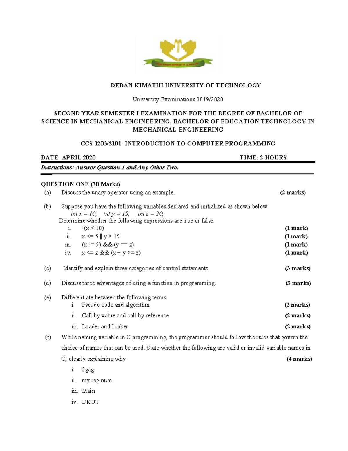 CCS 1203 Introduction to Computer Programming Exam - April 2020 - Studocu