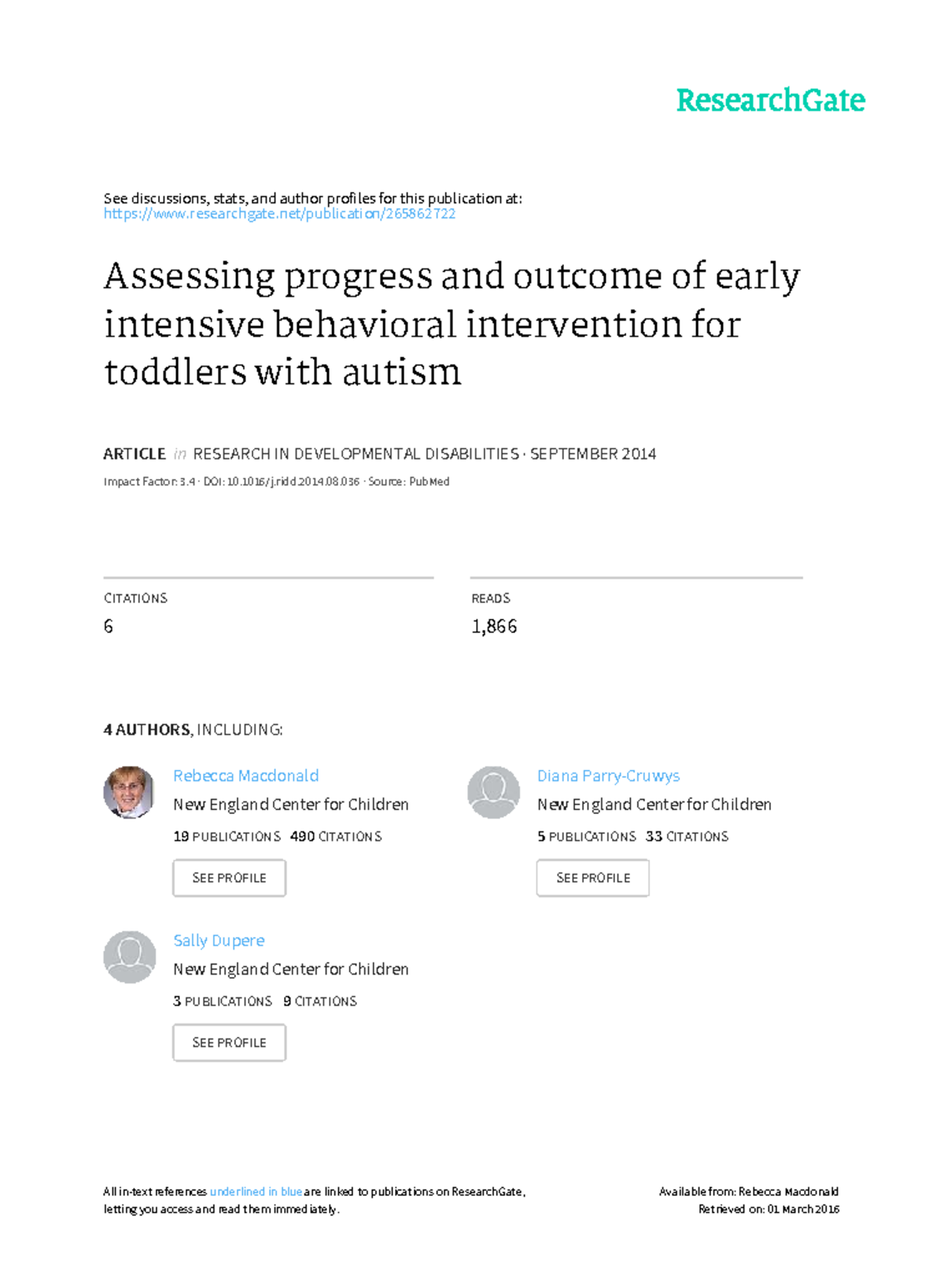 Assessing Progress and Outcomes of EIBI for Toddlers with Autism (EIBI ...