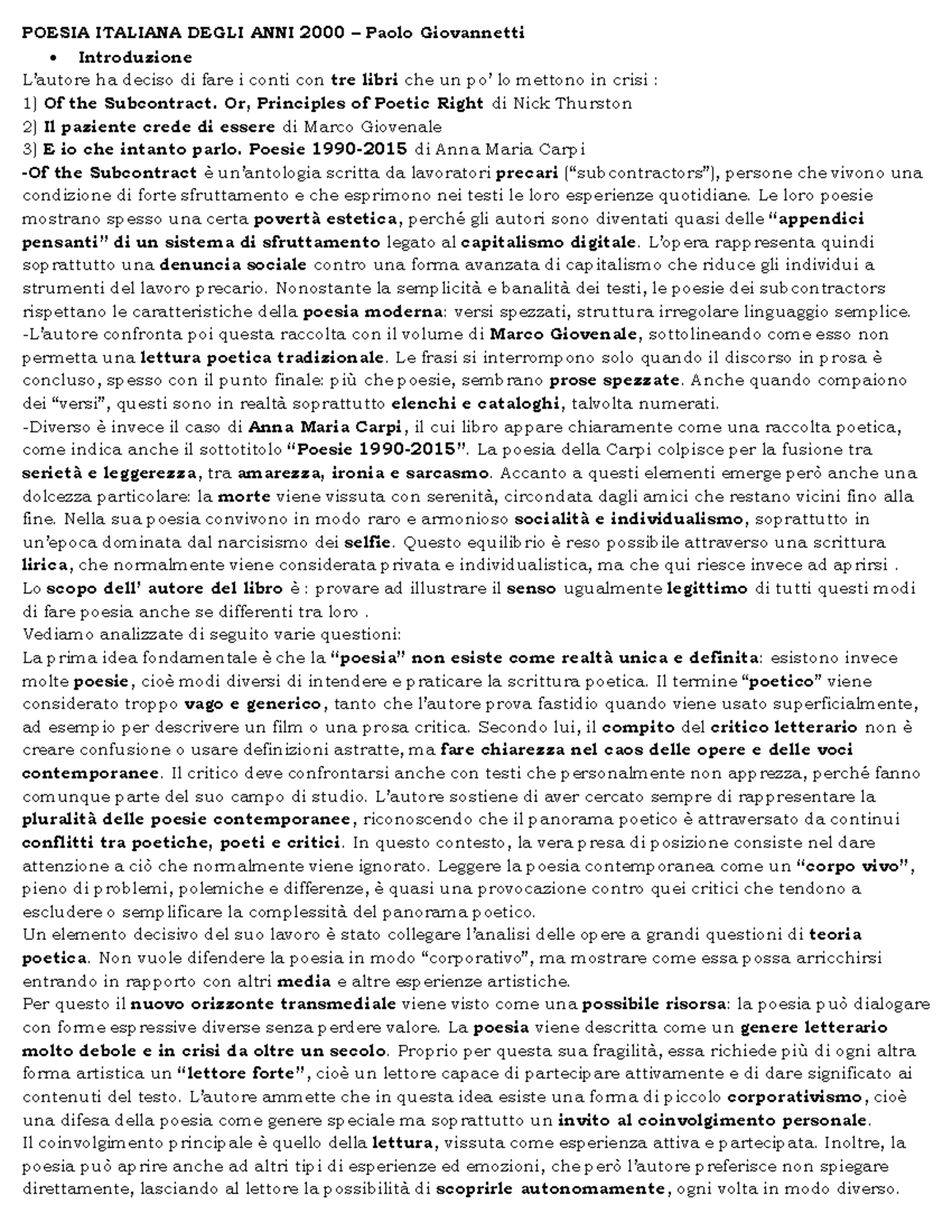 Poesia Italiana degli Anni 2000: Analisi e Riflessioni Critiche - Studocu
