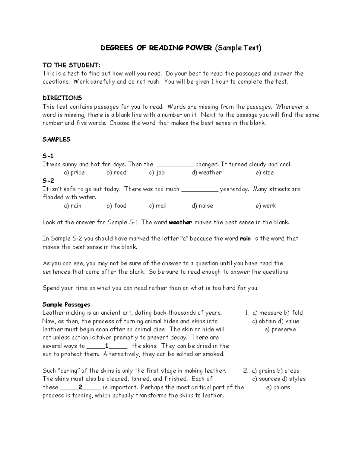 Degrees of Reading Power: Sample Test for Skills Assessment - Studocu