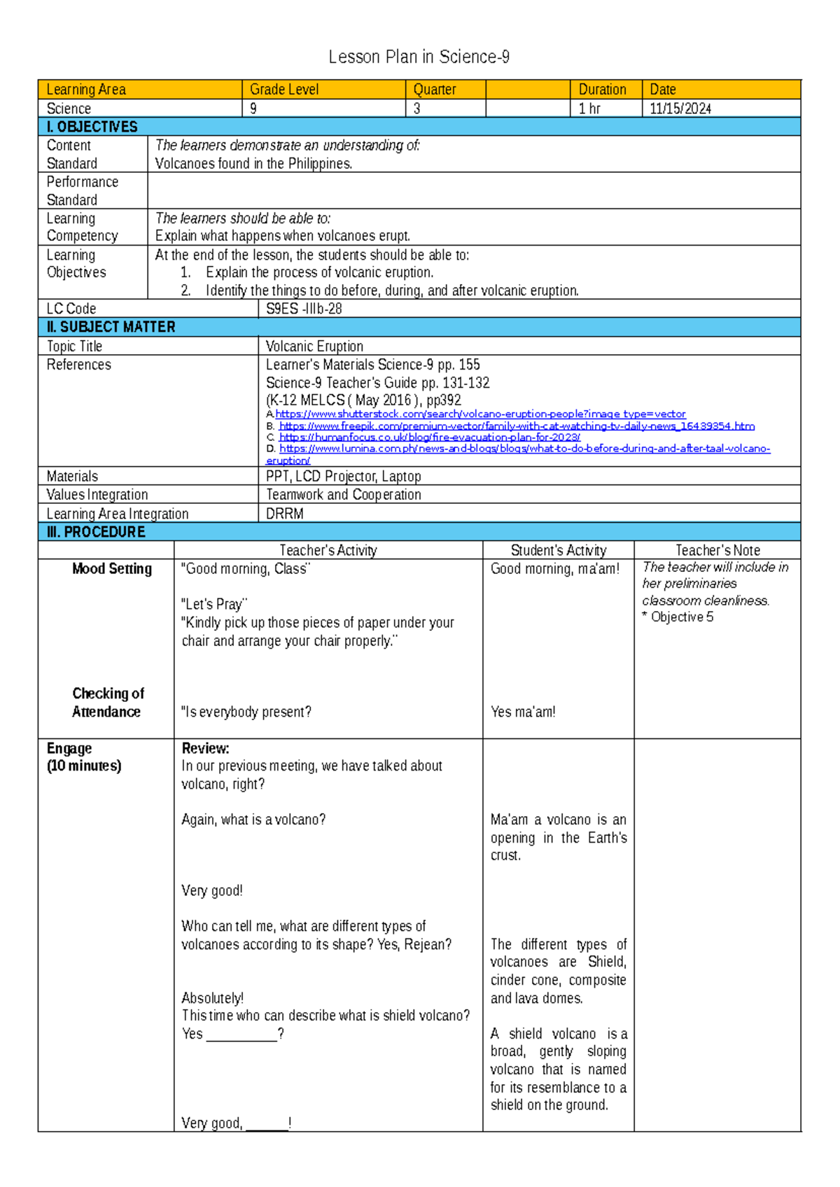 DRR-LP - Lesson Plan on Volcanic Eruption for Science 9 - Studocu