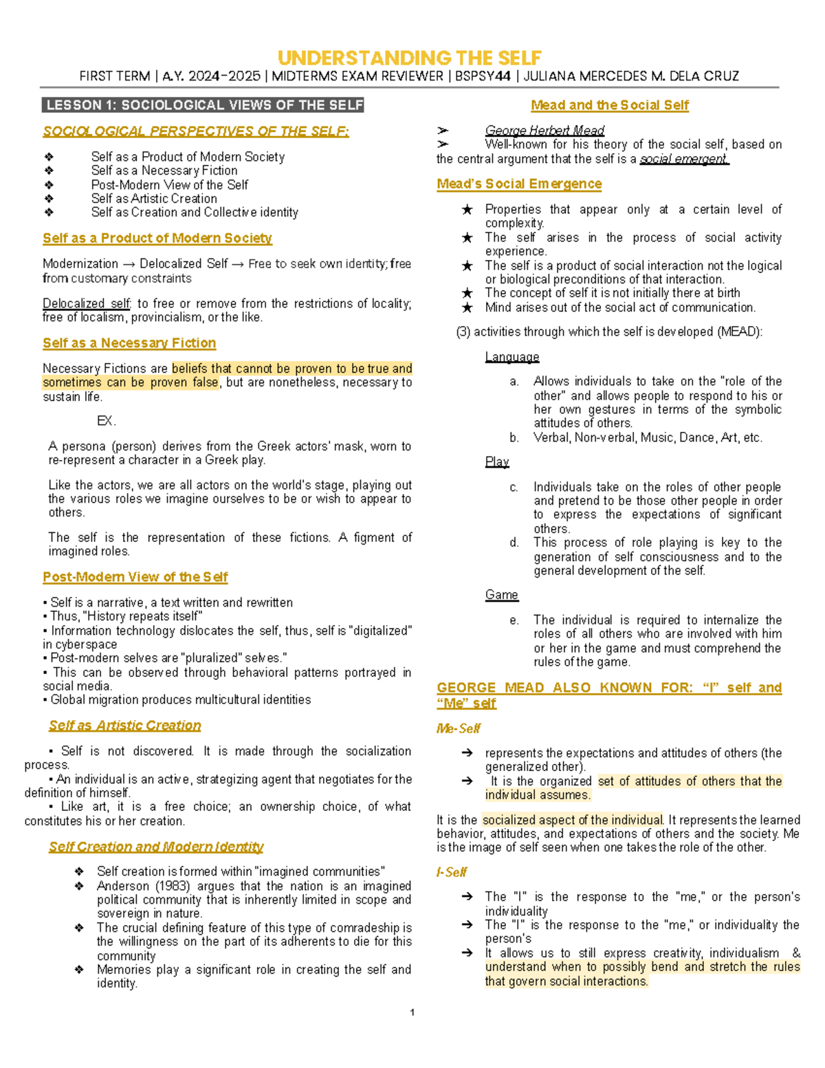 Understanding The Self Midterm Exam Reviewer Bspsy44 Studocu