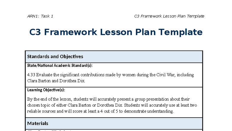 ARN1: Task 1 C3 Framework Lesson Plan on Clara Barton & Dorothea Dix ...