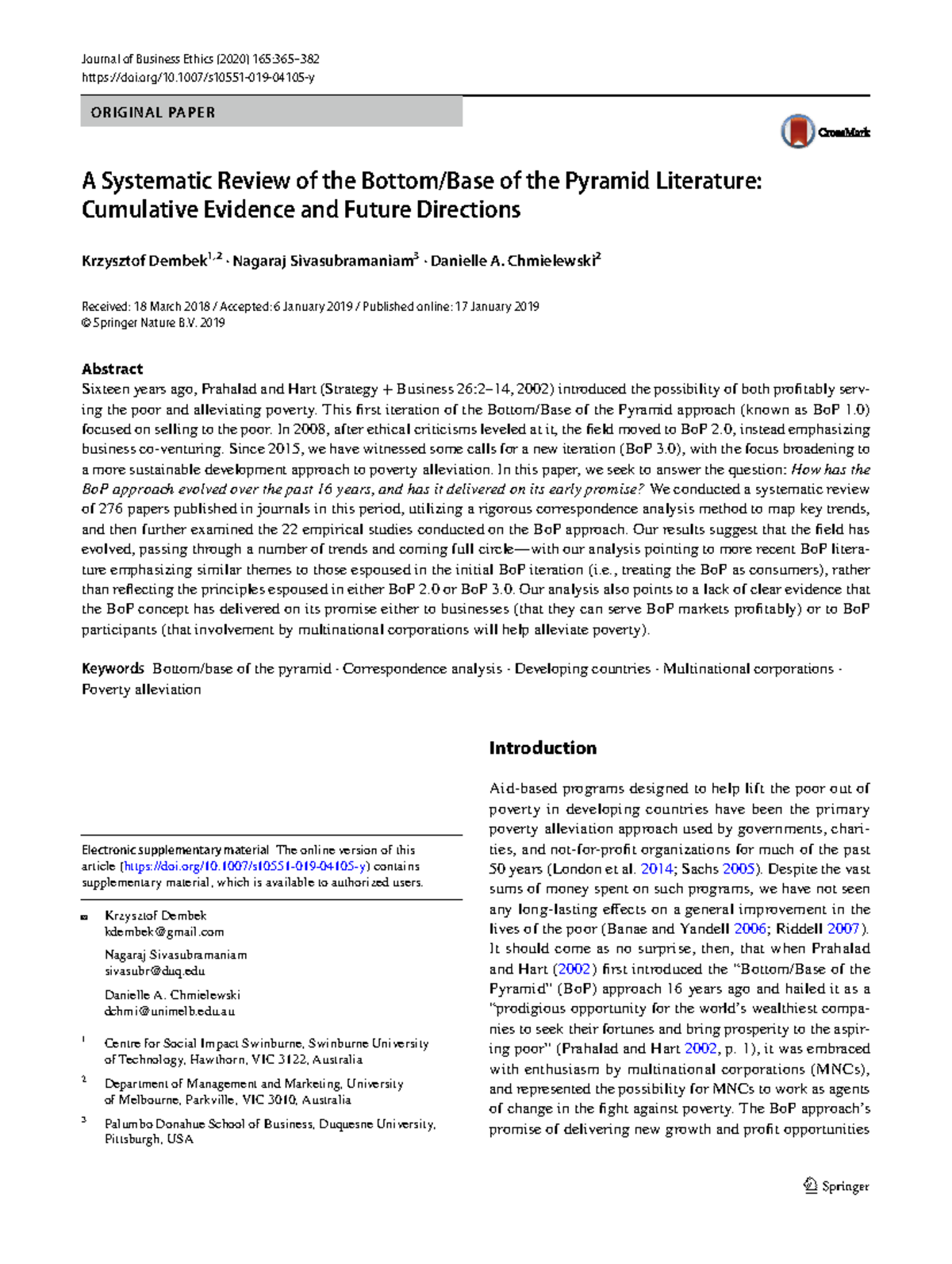 Dembek et al. (2020) A Systematic Review of the Bottom of the Pyramid ...