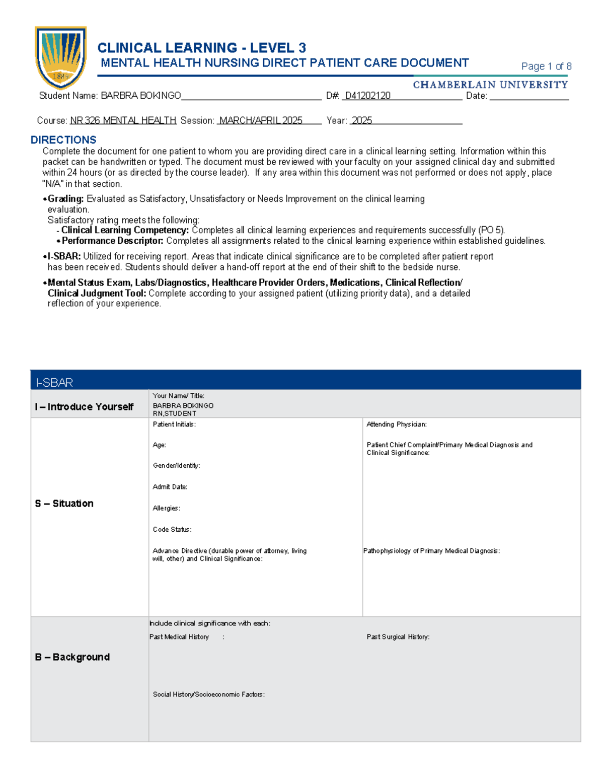 NR 326 Mental Health Nursing Direct Patient Care Documentation - Studocu
