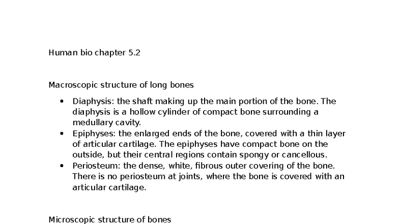 Human Bio Chapter 5: Macroscopic Structure of Long Bones - Studocu