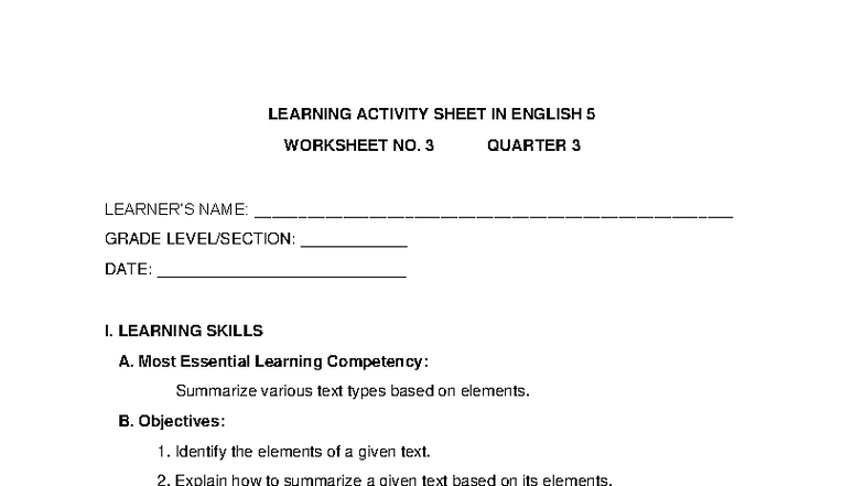 English 5 Q3 Learning Activity Sheet 3: Summarizing Text Elements - Studocu