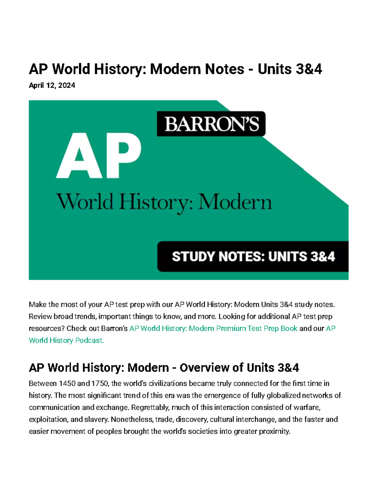 AP World History: Modern Study Notes - Units 3 & 4 Overview - Studocu