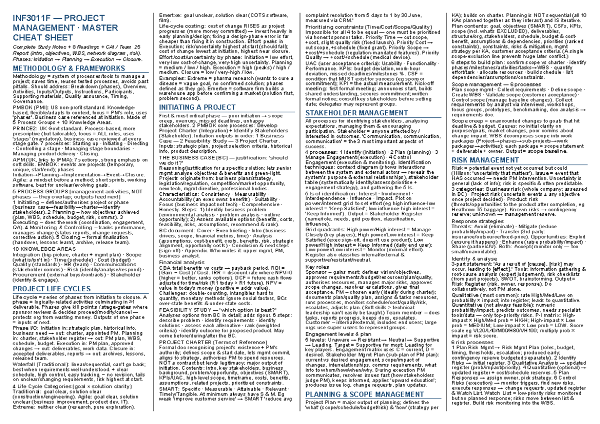 INF3011F Project Management Master Cheat Sheet: Comprehensive Study ...