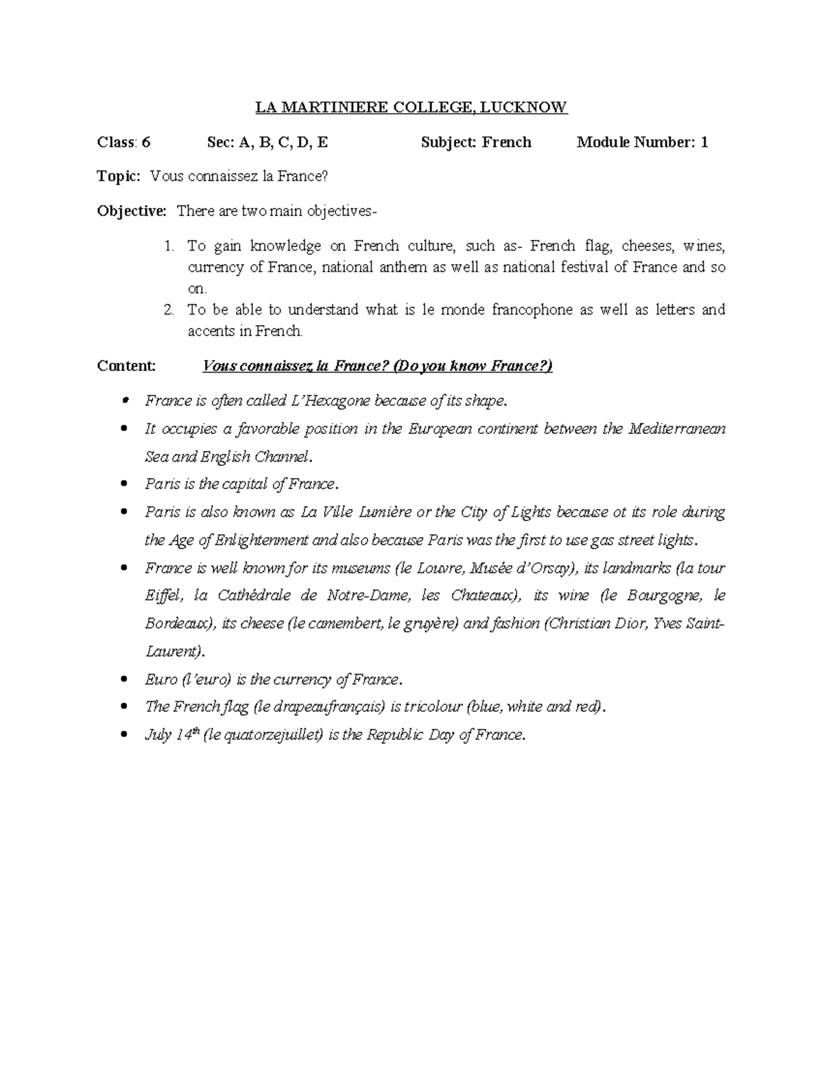 Module 1: Vous Connaissez la France? - Class 6 French Notes - Studocu
