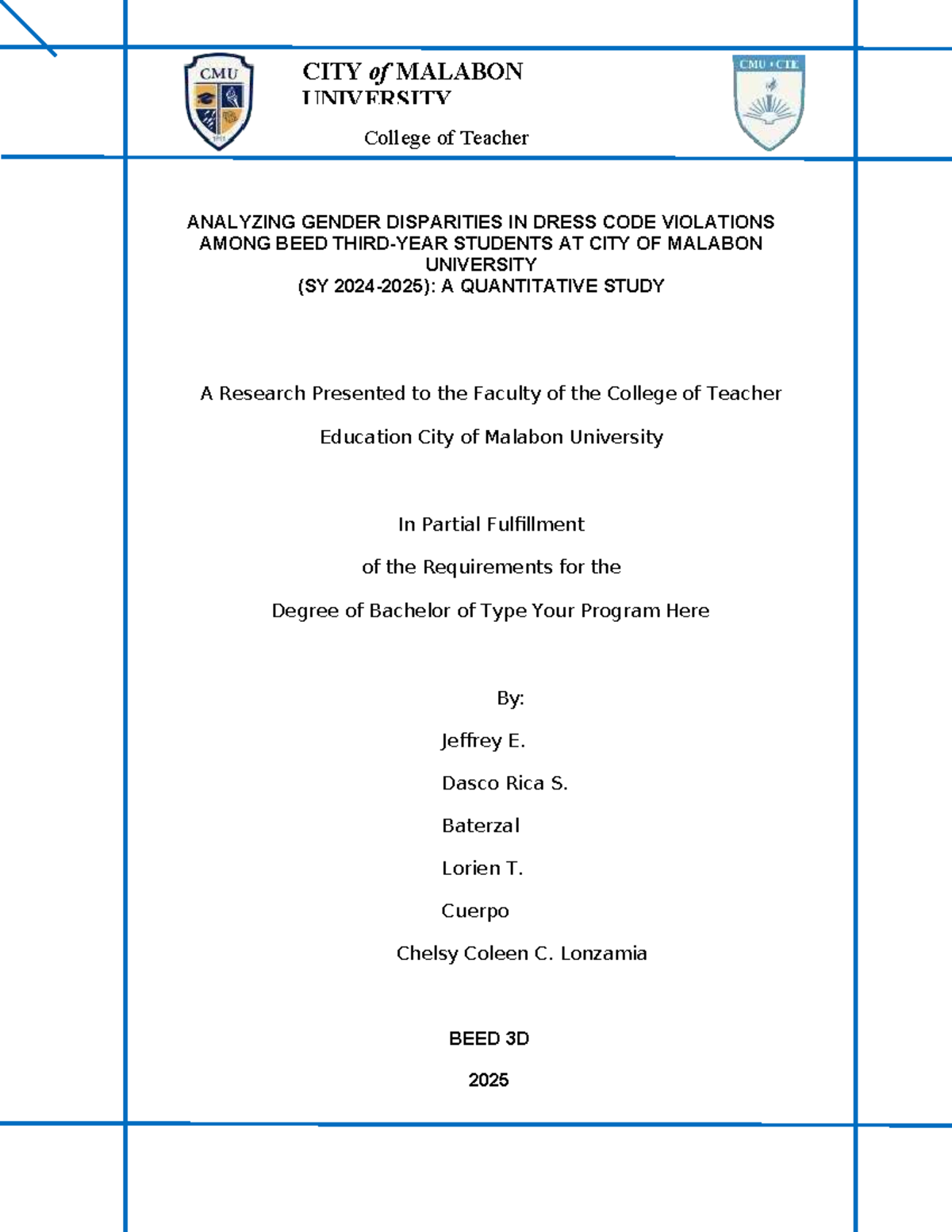 GENDER DISPARITIES IN DRESS CODE VIOLATIONS AMONG BEED 3D STUDENTS ...