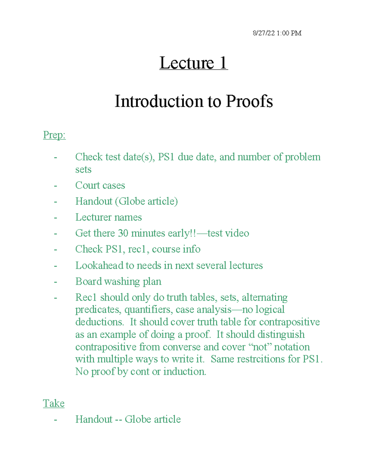 Lecture 01 2022 intro-to-proofs - 8/27/22 1:00 PM Lecture 1 ...