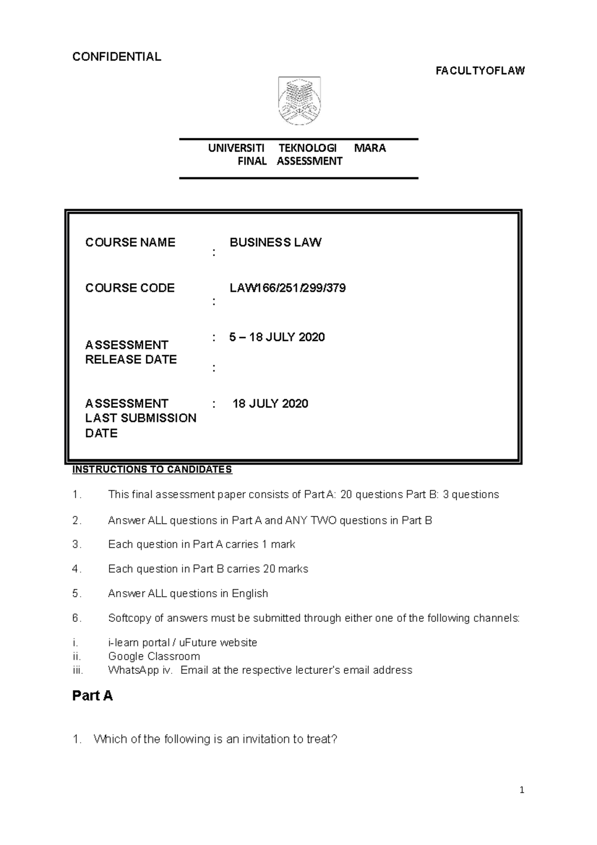 LAW TEST. Contract - FACULTYOFLAW COURSE NAME : BUSINESS LAW COURSE ...