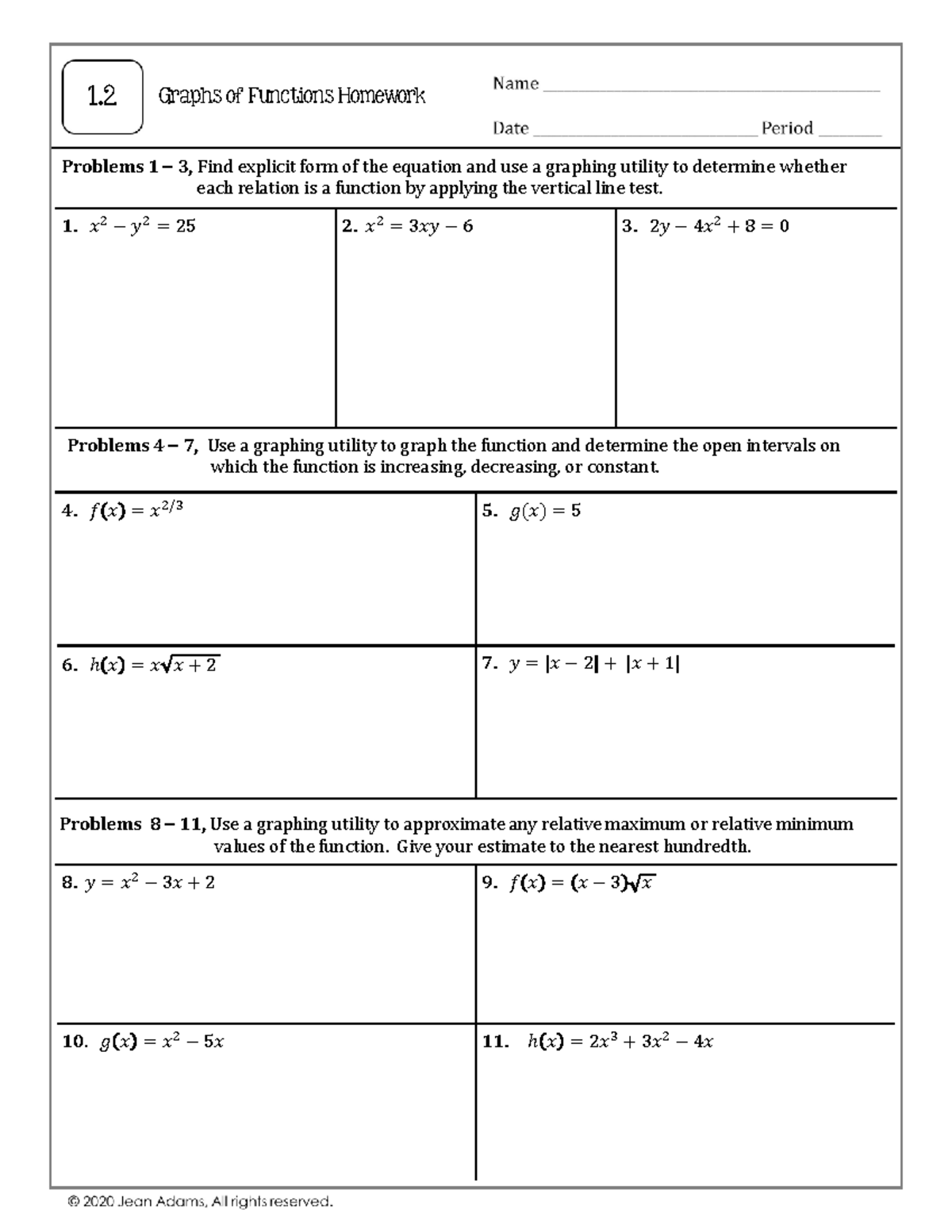 AP PreCalculus Grade 11: Unit 1.2 Graphs of Functions Homework Problems ...