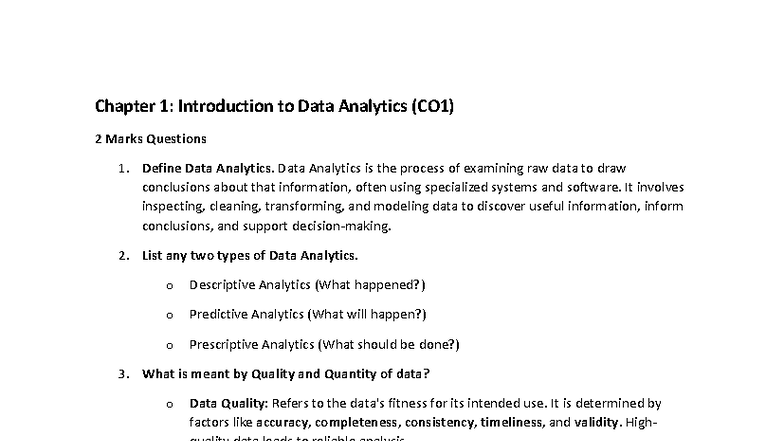 Chapter 1: Intro to Data Analytics (CO1) - Key Concepts & Q&A - Studocu