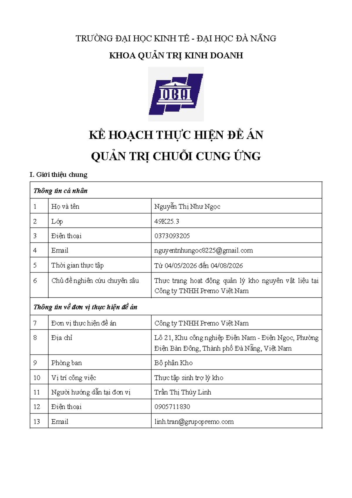 KẾ HOẠCH THỰC HIỆN ĐỀ ÁN SCM - THỰC TẬP TẠI PREMO - Studocu