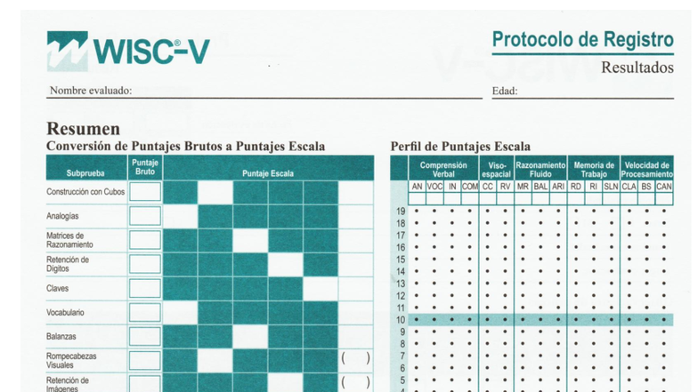 Protocolo de Registro WISC V: Resultados y Conversión de Puntajes - Studocu