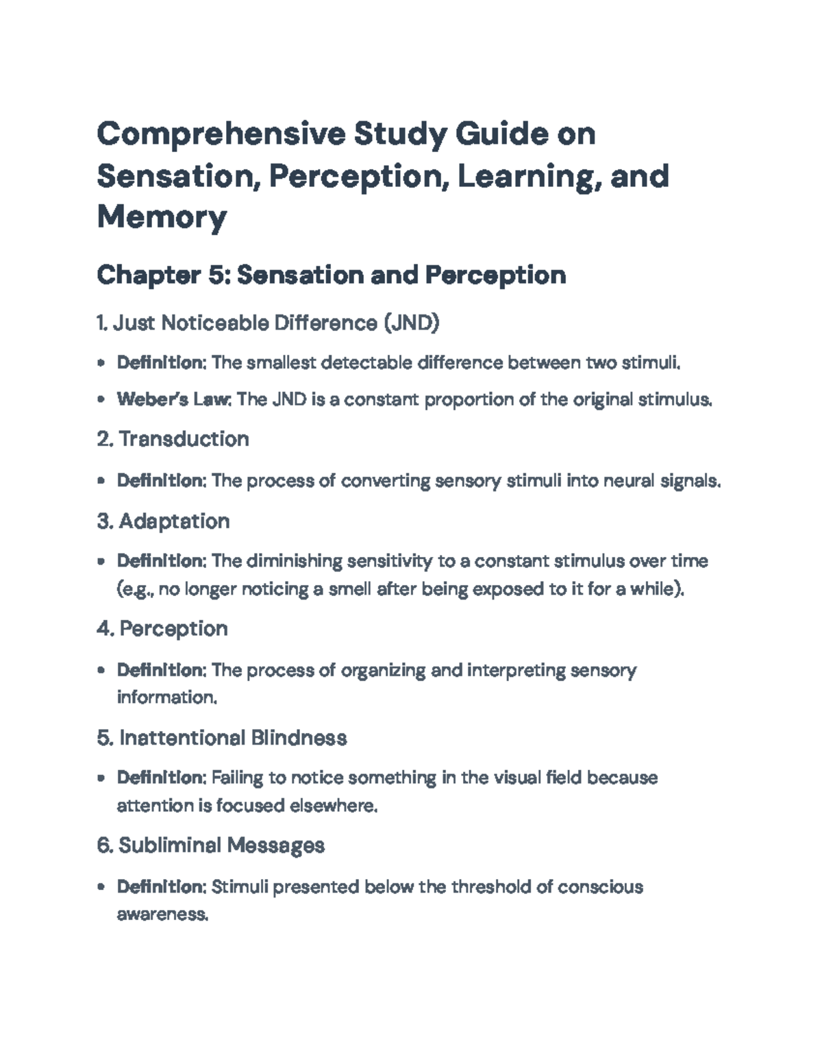 Comprehensive Study Guide: Sensation, Perception, Learning, & Memory - Comprehensive Study Guide ...
